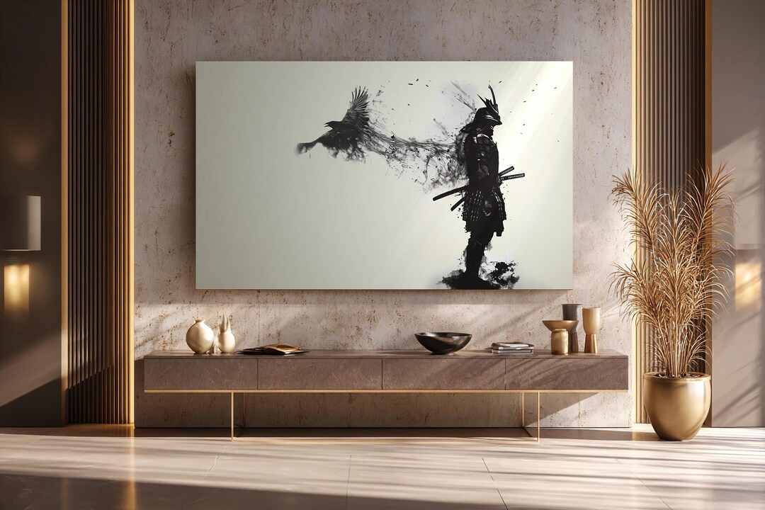Dark Samurai & Raven Canvas Print, Minimalist Ink Style Warrior Wall ...