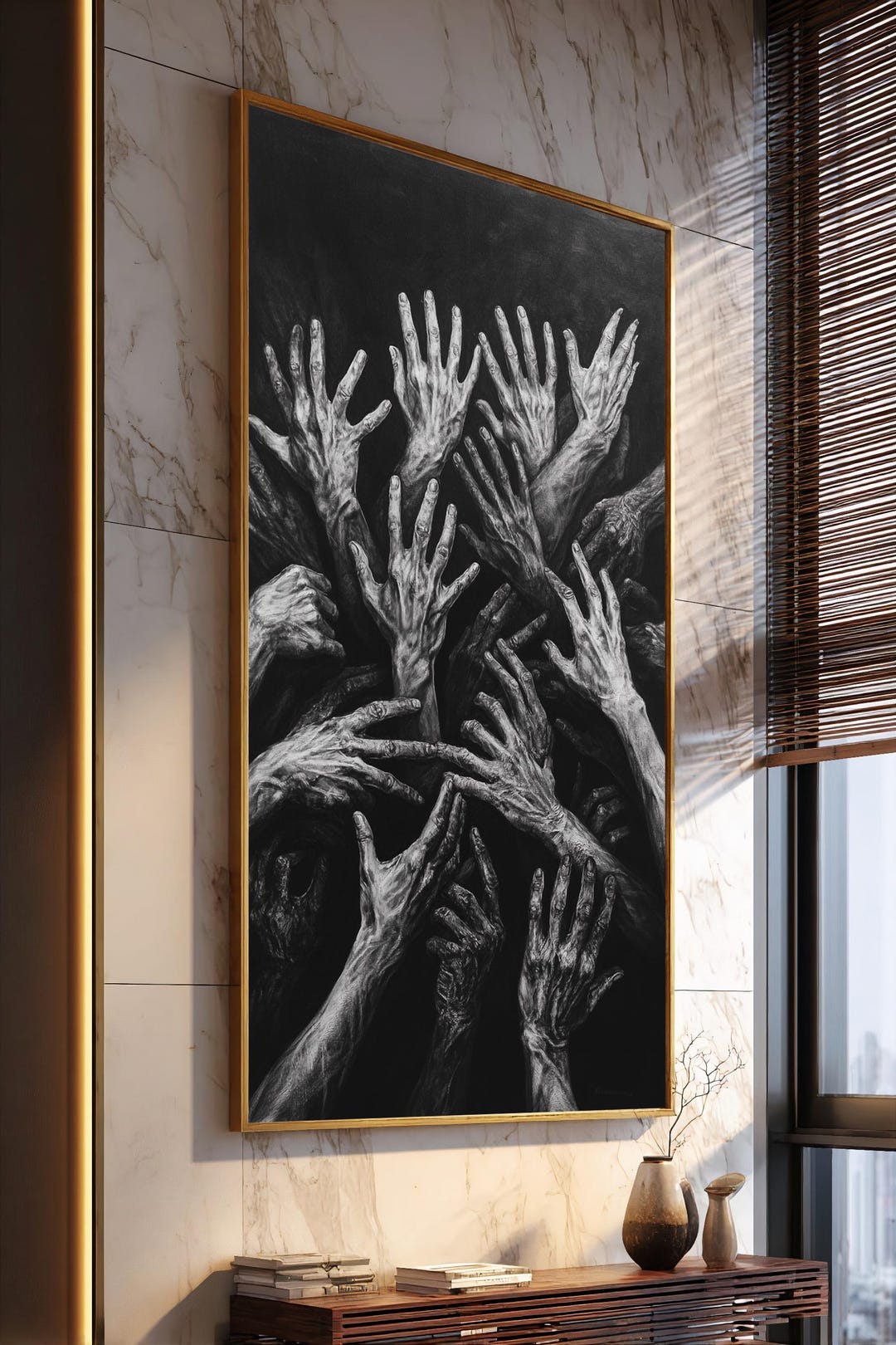 Abstract Human Hands Canvas Wall Art in Black and White, Dark Surreal ...