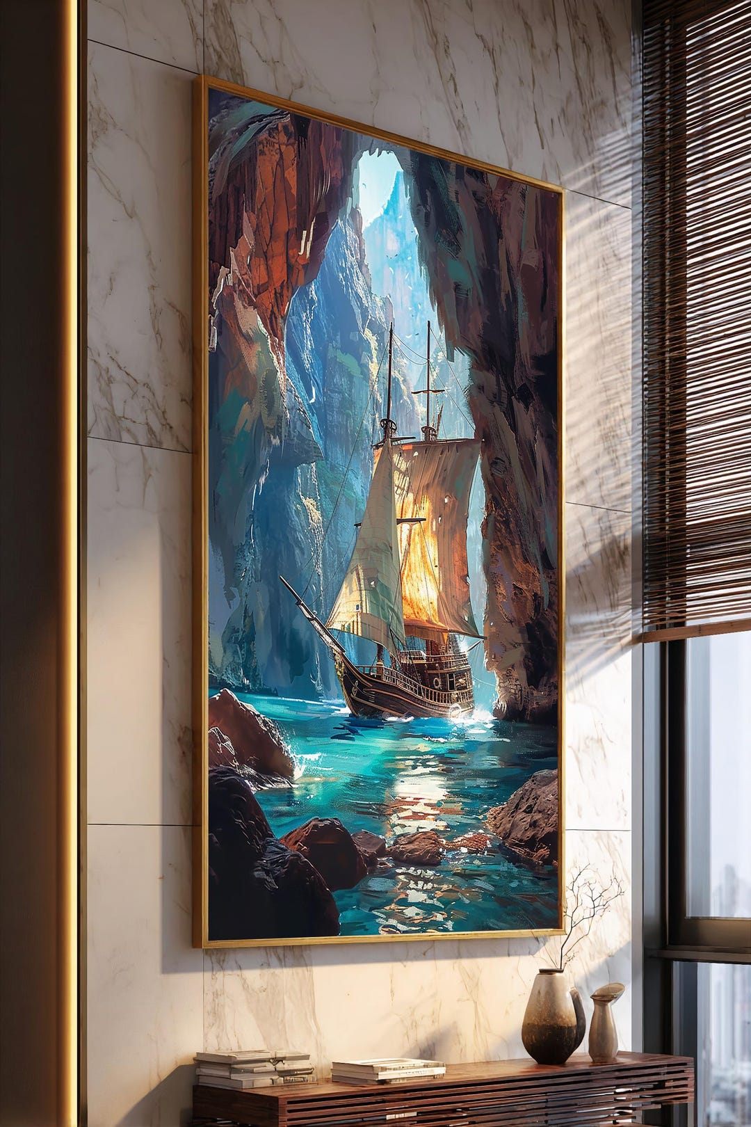 Mystical Sailing Ship Emerging From Sunlit Sea Cave Canvas Print With ...