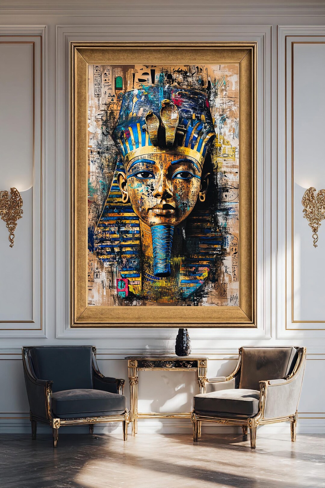 Ancient Egyptian Pharaoh Wall Art, Colorful Hieroglyphic Portrait ...