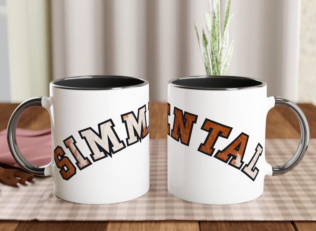 Simmental Mug – Cowhide Varsity Style Text Coffee Mug, Simmental Cattle ...