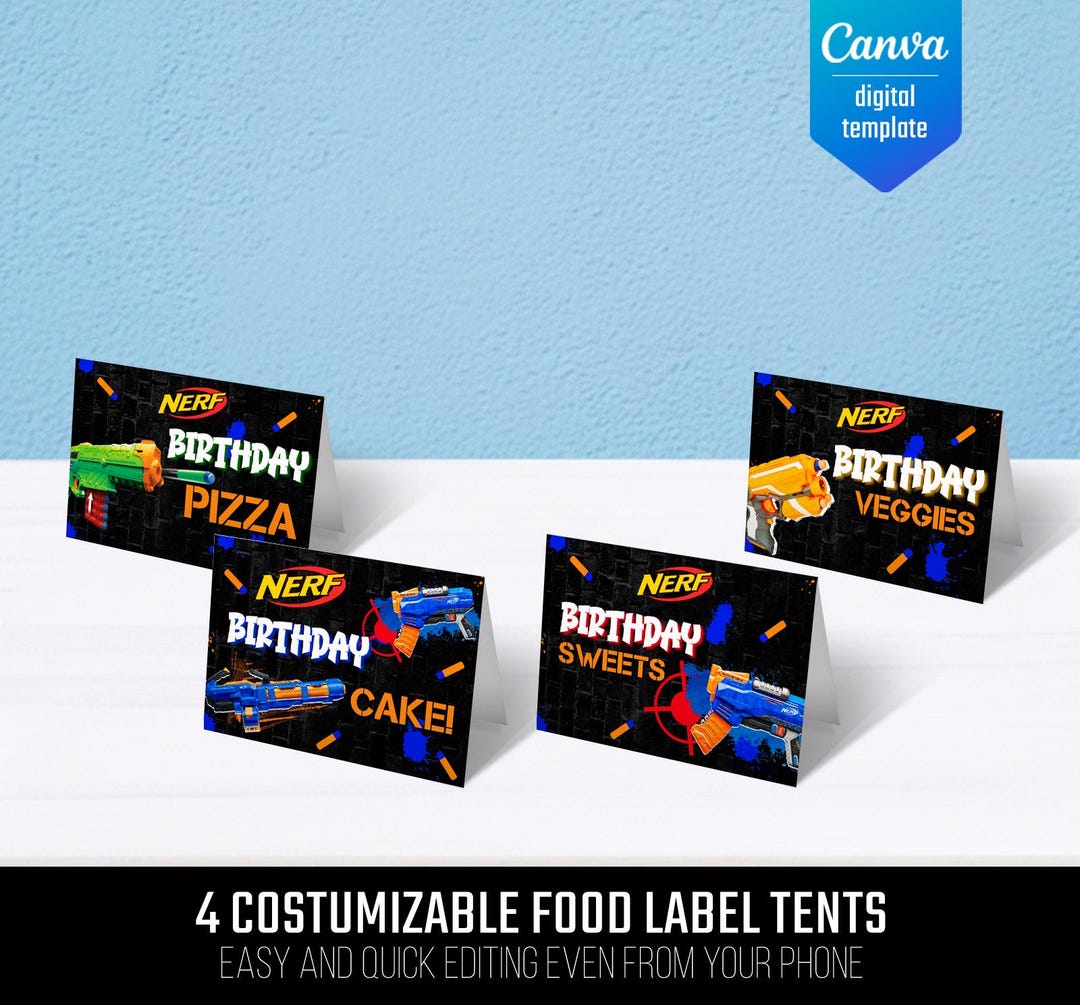 Nerf Printable Table Tent, Food or Name Lable, Birthday Party Editable ...