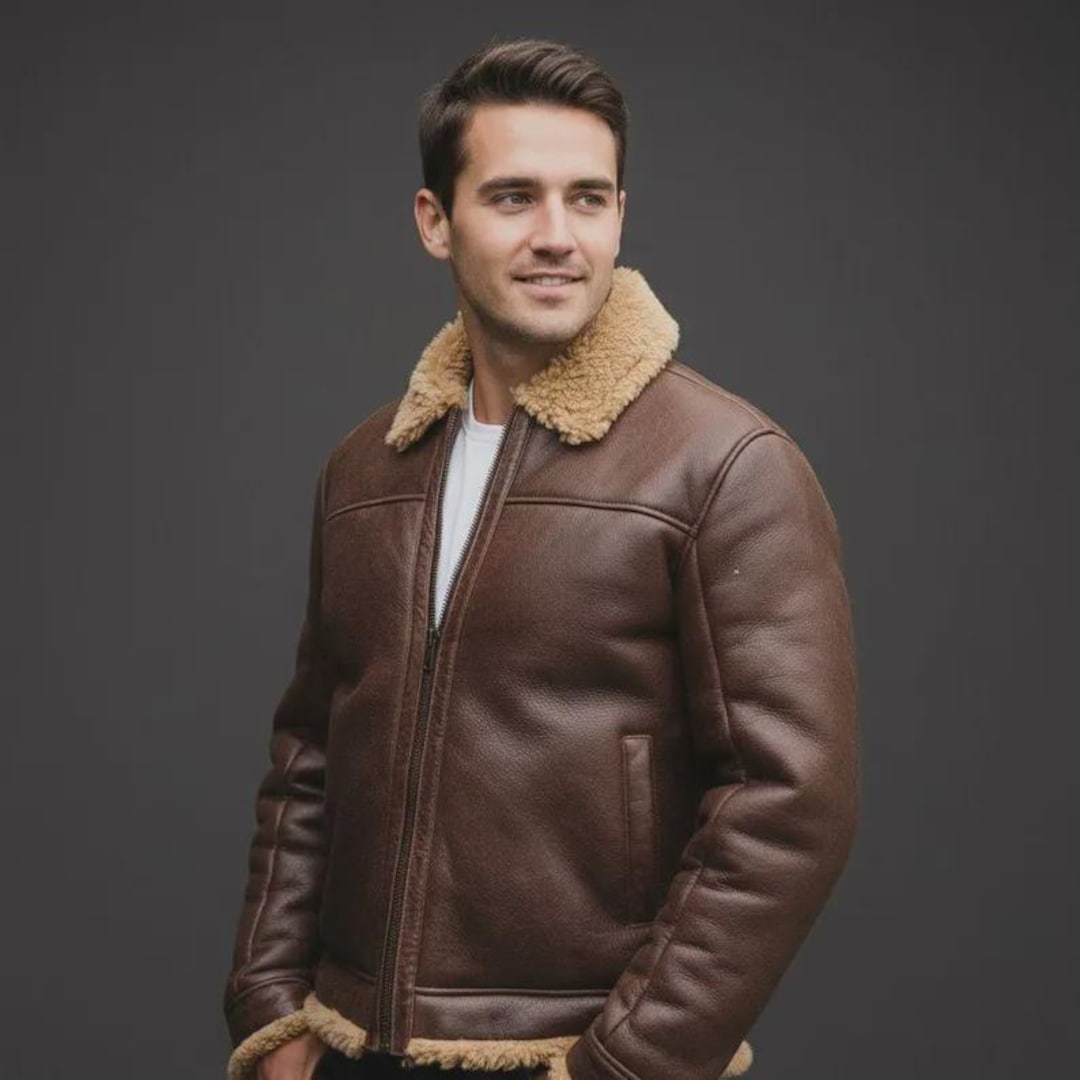 Men's Brown Shearling Leather Bomber Jacket | Handmade Lambskin Aviator ...