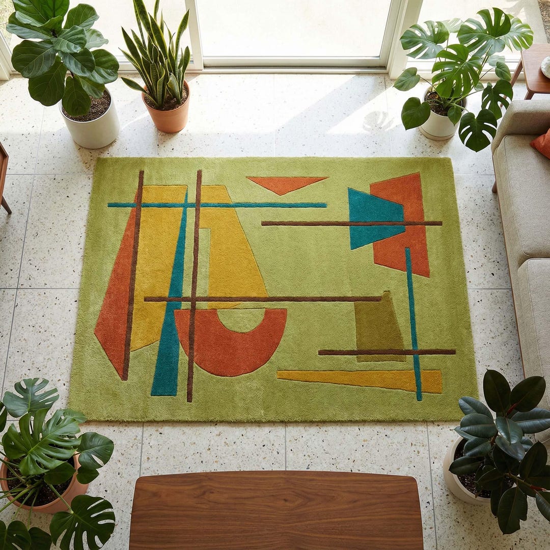 Mid Century Modern Geometric Rug • Hand Tufted Space Age Wool Carpet ...