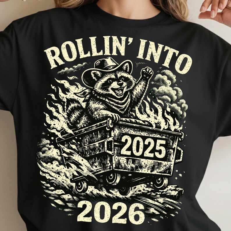 Rollin Into 2026 PNG, Funny New Year Raccoon Dumpster Fire Design ...