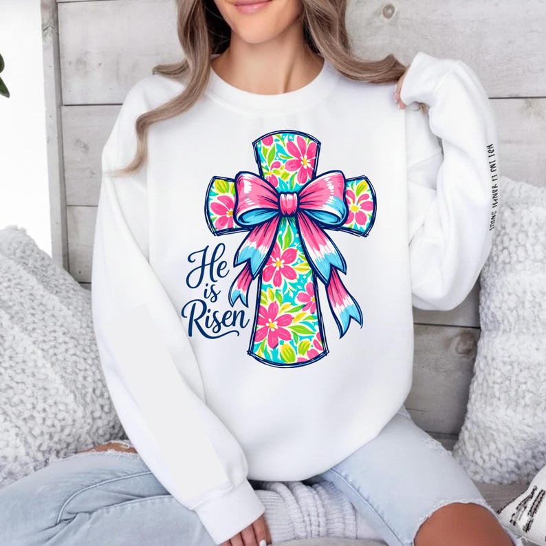 Floral Coquette Cross PNG, Glitter Stitch Christian Design, He is Risen ...