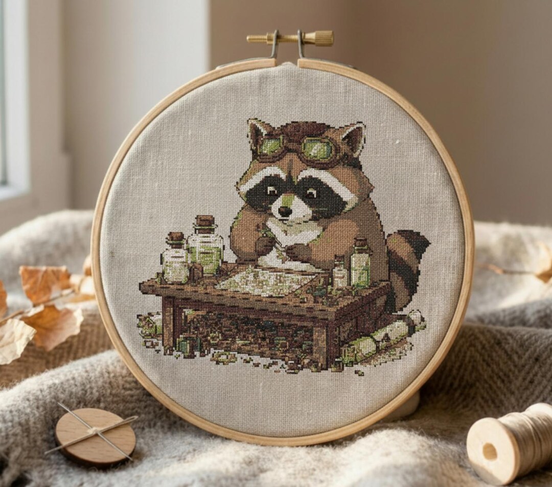 Raccoon Alchemist Cross Stitch Pattern, Cottagecore Animal (PDF Pattern ...