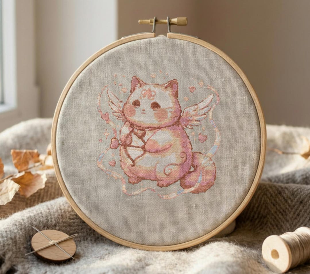 Cupid Cat Cross Stitch Pattern | Kawaii Angel Embroidery (PDF Pattern ...