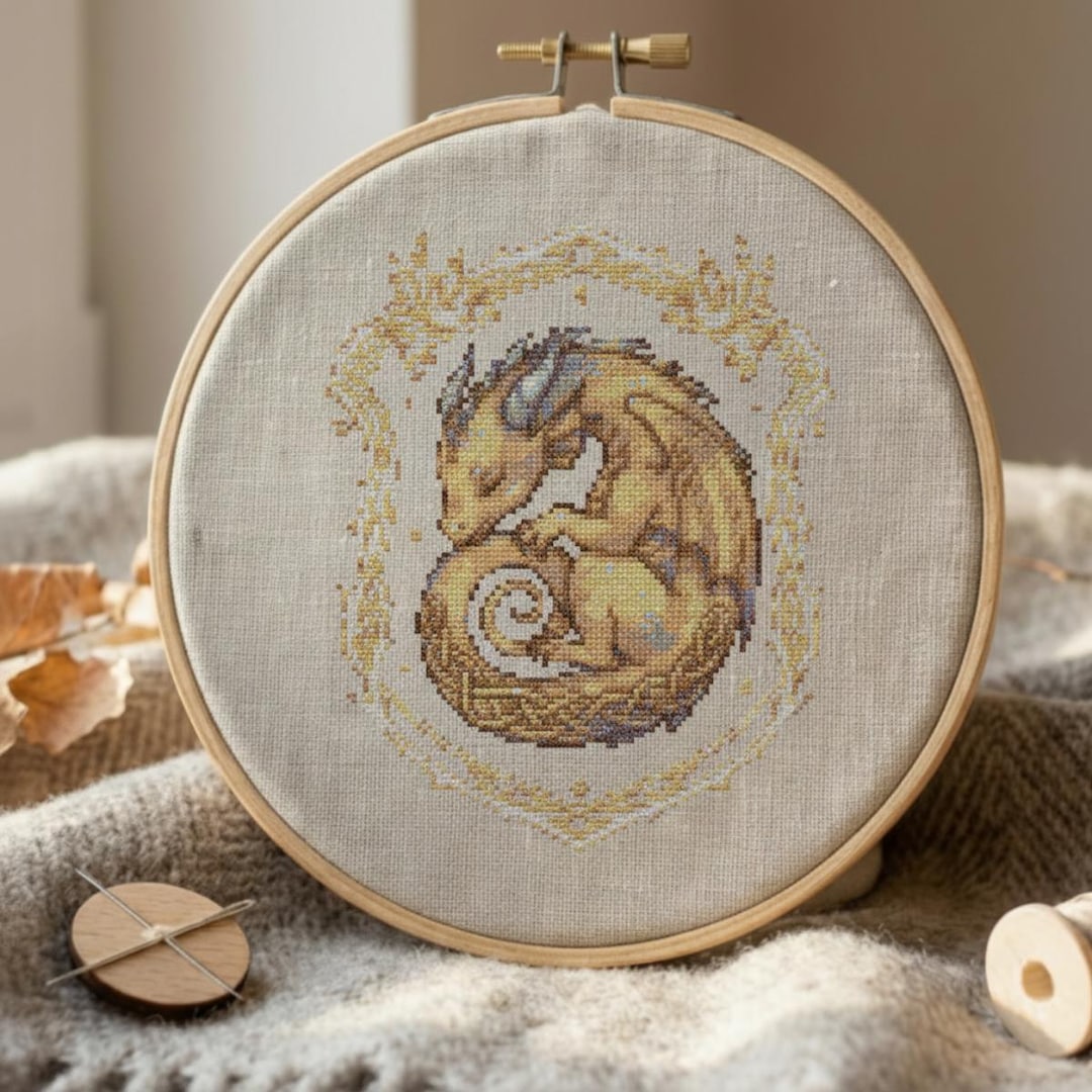 Golden Sleeping Dragon Cross Stitch Pattern, Fantasy Embroidery (PDF ...