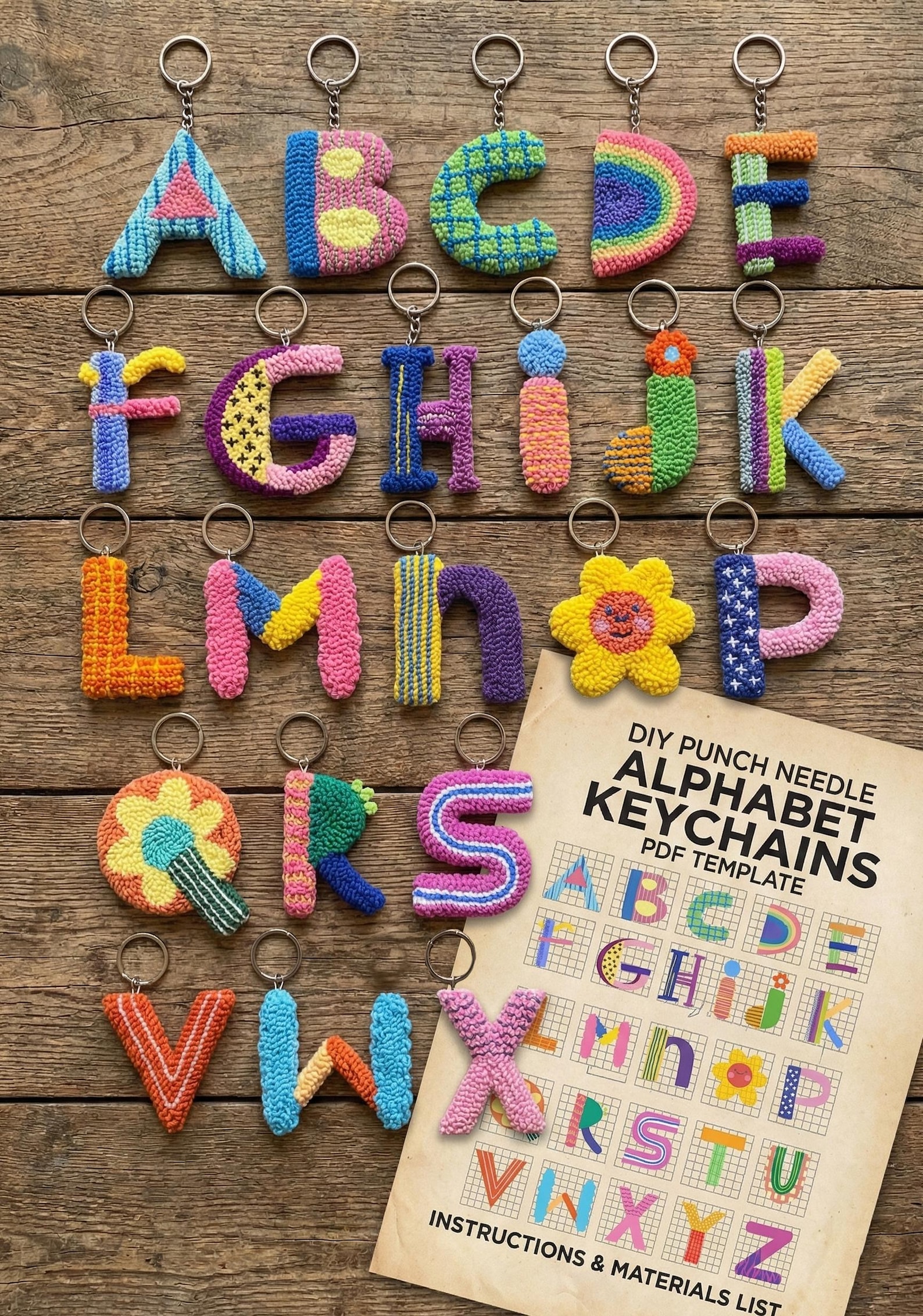 DIY Punch Needle Alphabet Keychain Template, Modern Monogram Rug ...