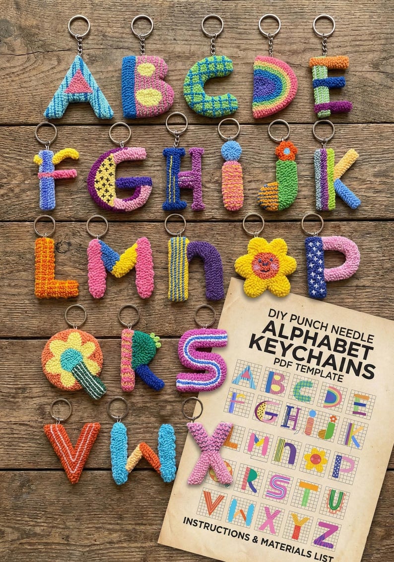 DIY Punch Needle Alphabet Keychain Template, Modern Monogram Rug ...