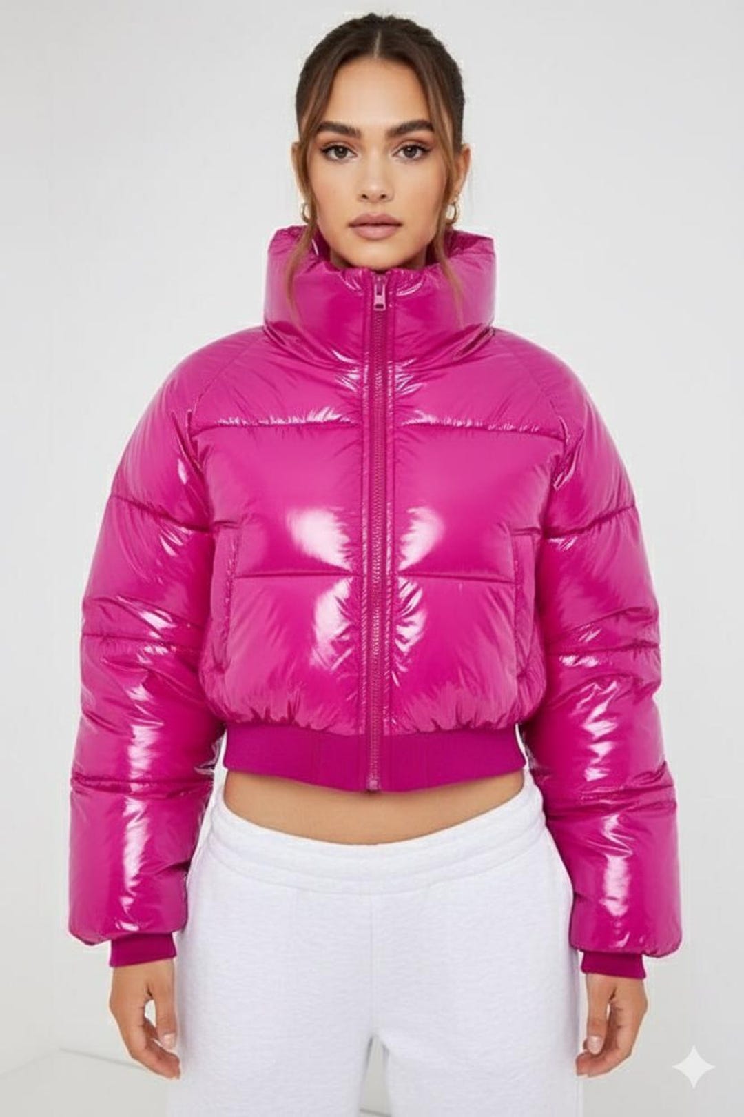 Hot Pink Shiny Puffer Jacket, Cropped Bubble Coat for Women, Y2K ...