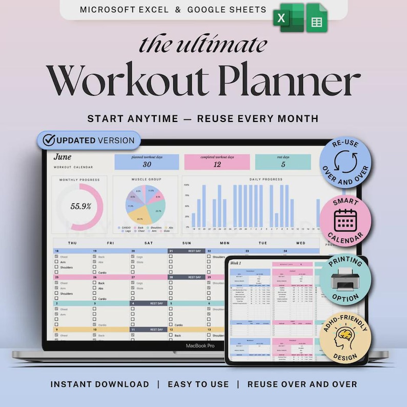 Workout Planner Spreadsheet für Google Sheets und Excel Übungs-Tracker ...