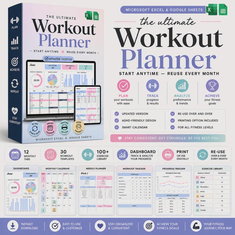 Workout Planner Spreadsheet für Google Sheets und Excel Übungs-Tracker ...