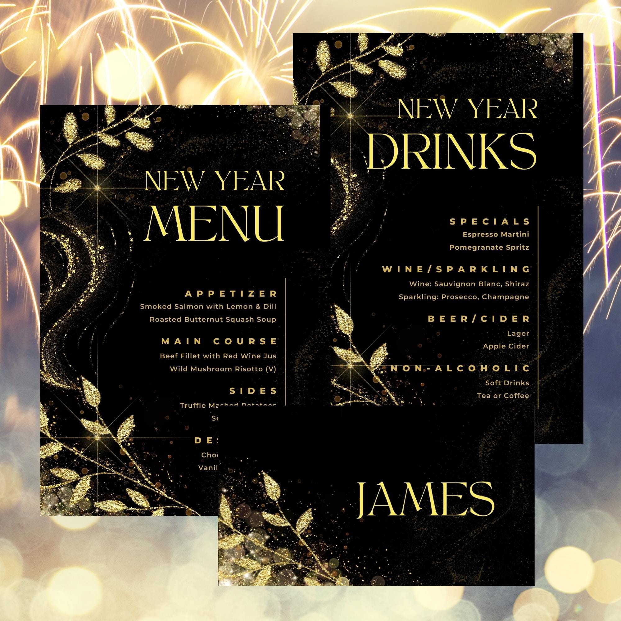 Editable New Year Menus & Place Card Template Bundle | Festive Holiday Party (digital Download ...