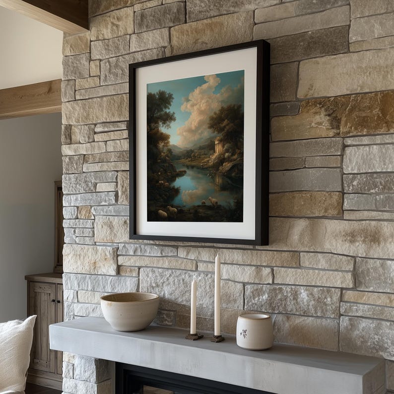 Printable Pastoral Landscape Art, Renaissance Style Scene With River ...