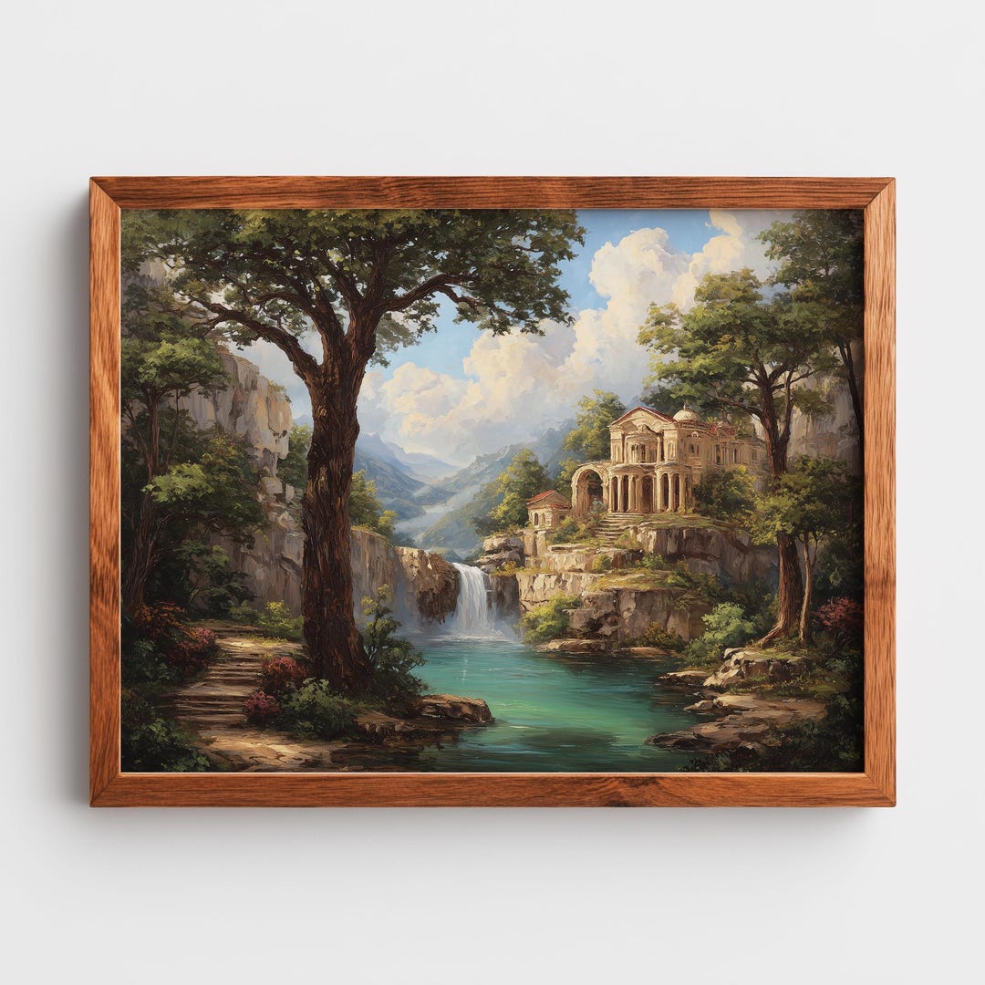 Scenic Landscape Nature Temple Painting Print – Waterfall, Biblical ...