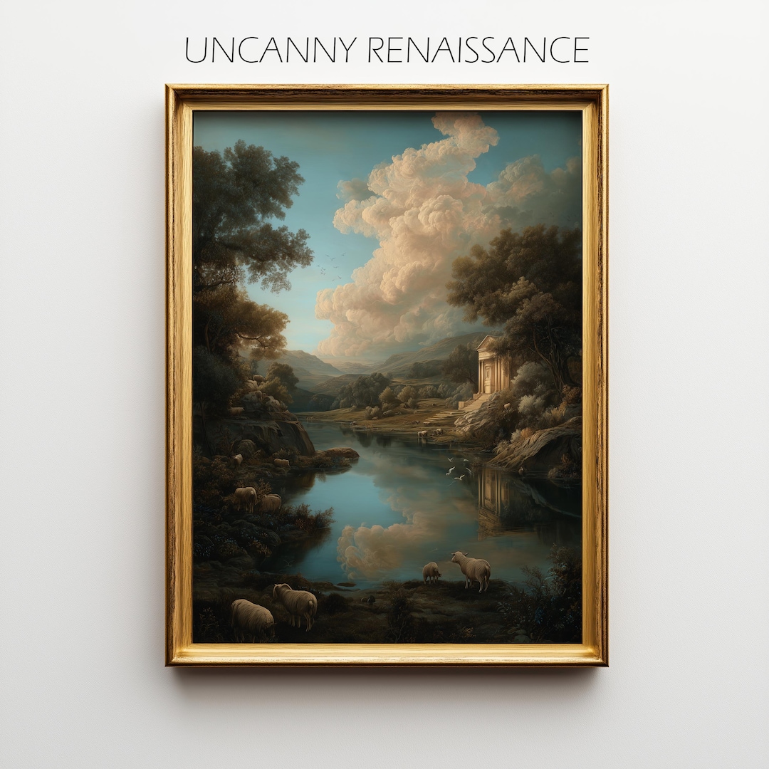 Printable Pastoral Landscape Art, Renaissance Style Scene With River ...