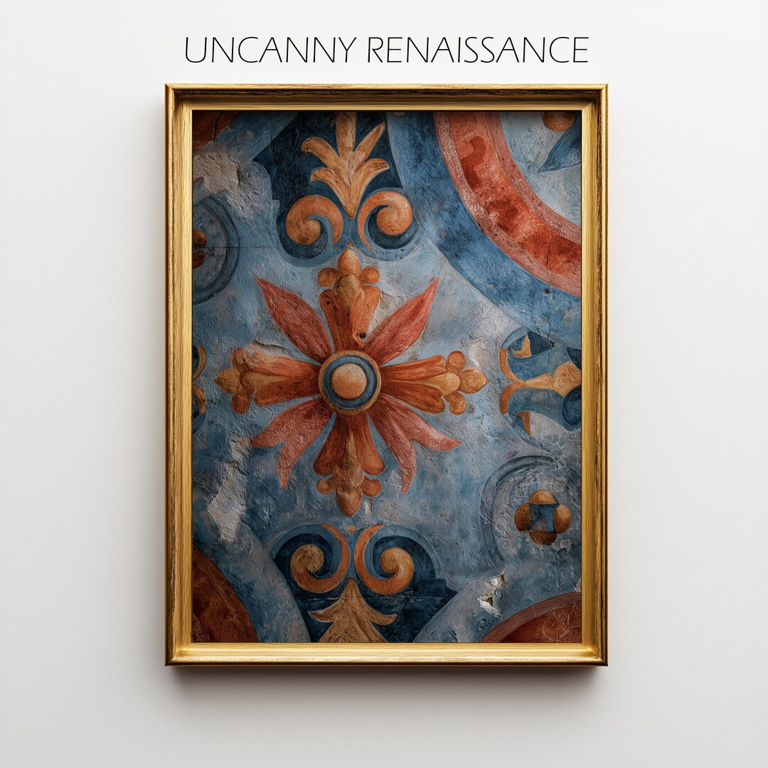Antique Renaissance Fresco Wall Art - Ornate Rosette Painting, Vintage ...