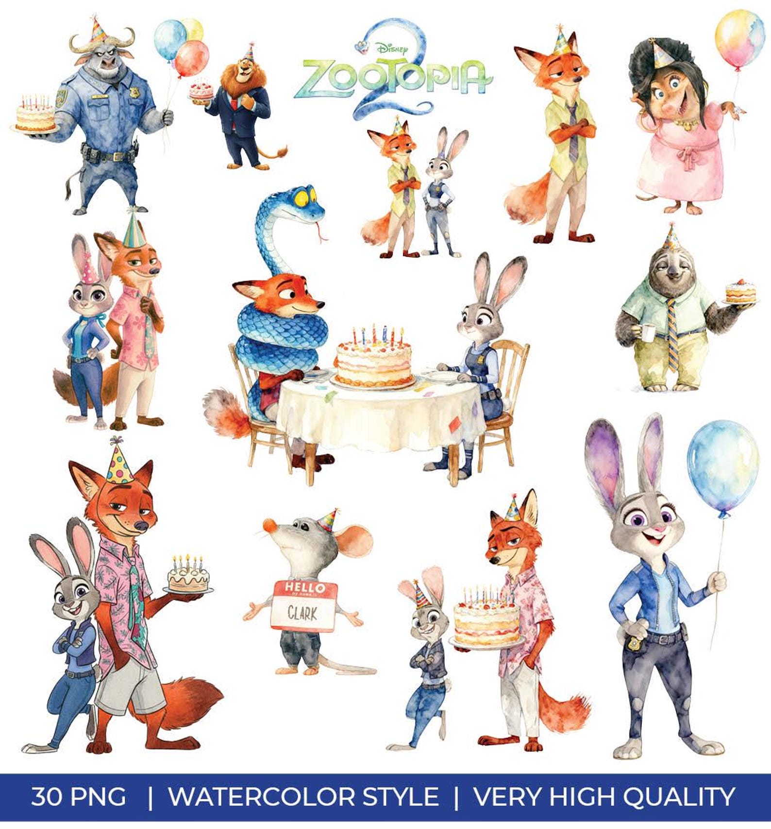 Zootopia 2 cumpleaños clipart PNG fiesta única acuarela personajes Judy ...