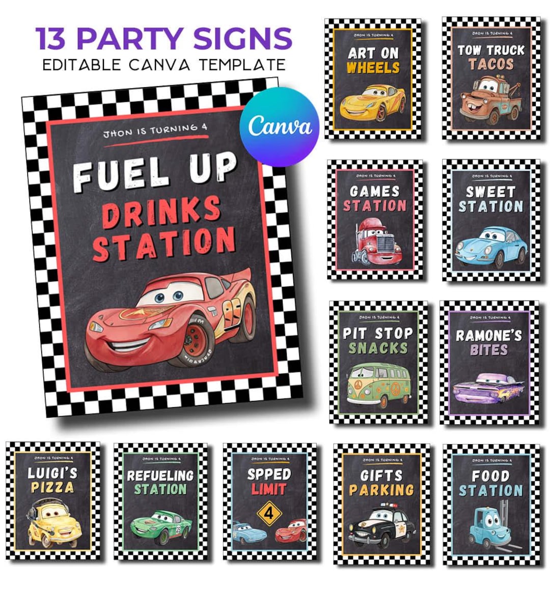 EDITABLE TEXT Cars Party Signs, Food and Activity | Lightning Mcqueen ...