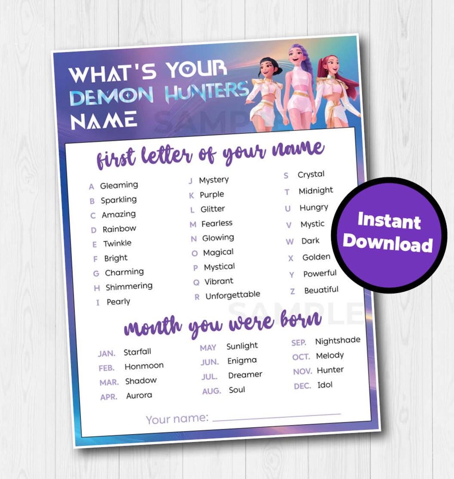 What's Your Demon Hunter Name Activity Game | Printable Birthday Party ...