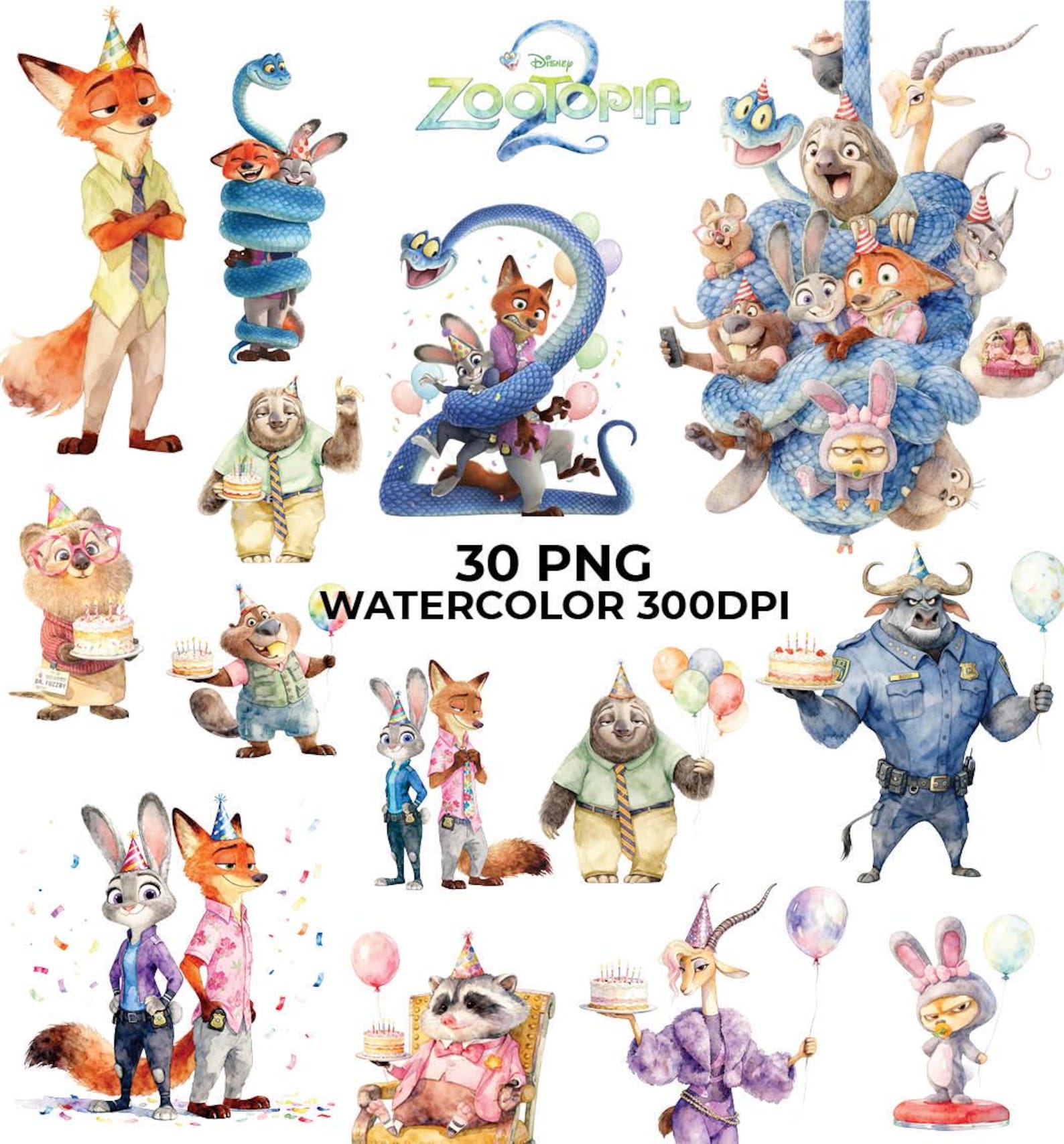 Zootopia 2 Cumpleaños Clipart Png Fiesta única Acuarela Personajes Judy