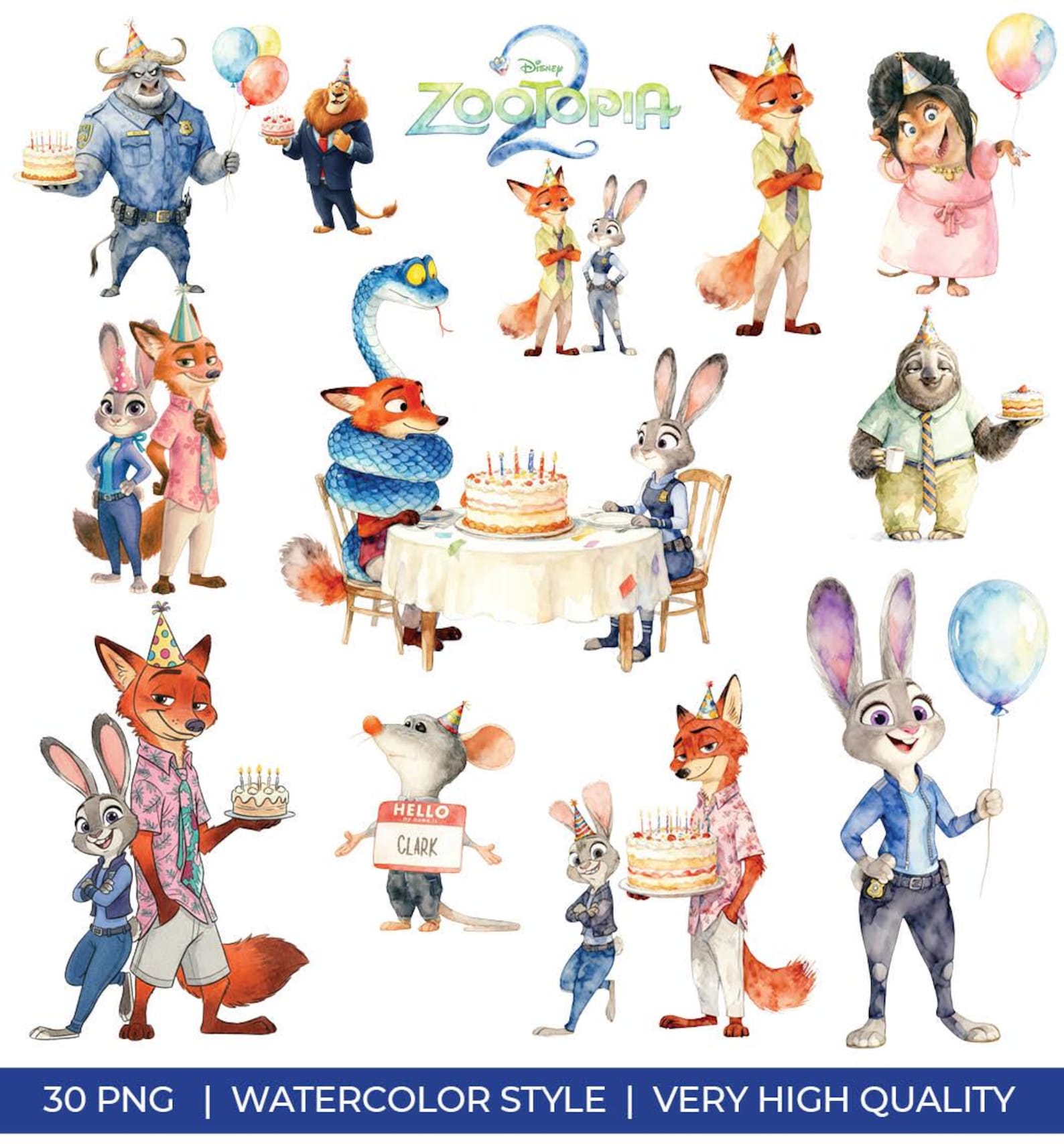 Zootopia 2 cumpleaños clipart PNG fiesta única acuarela personajes Judy ...