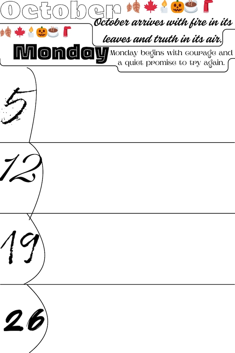 Calendrier d'octobre 2026 à imprimer — Design unique, notes ...