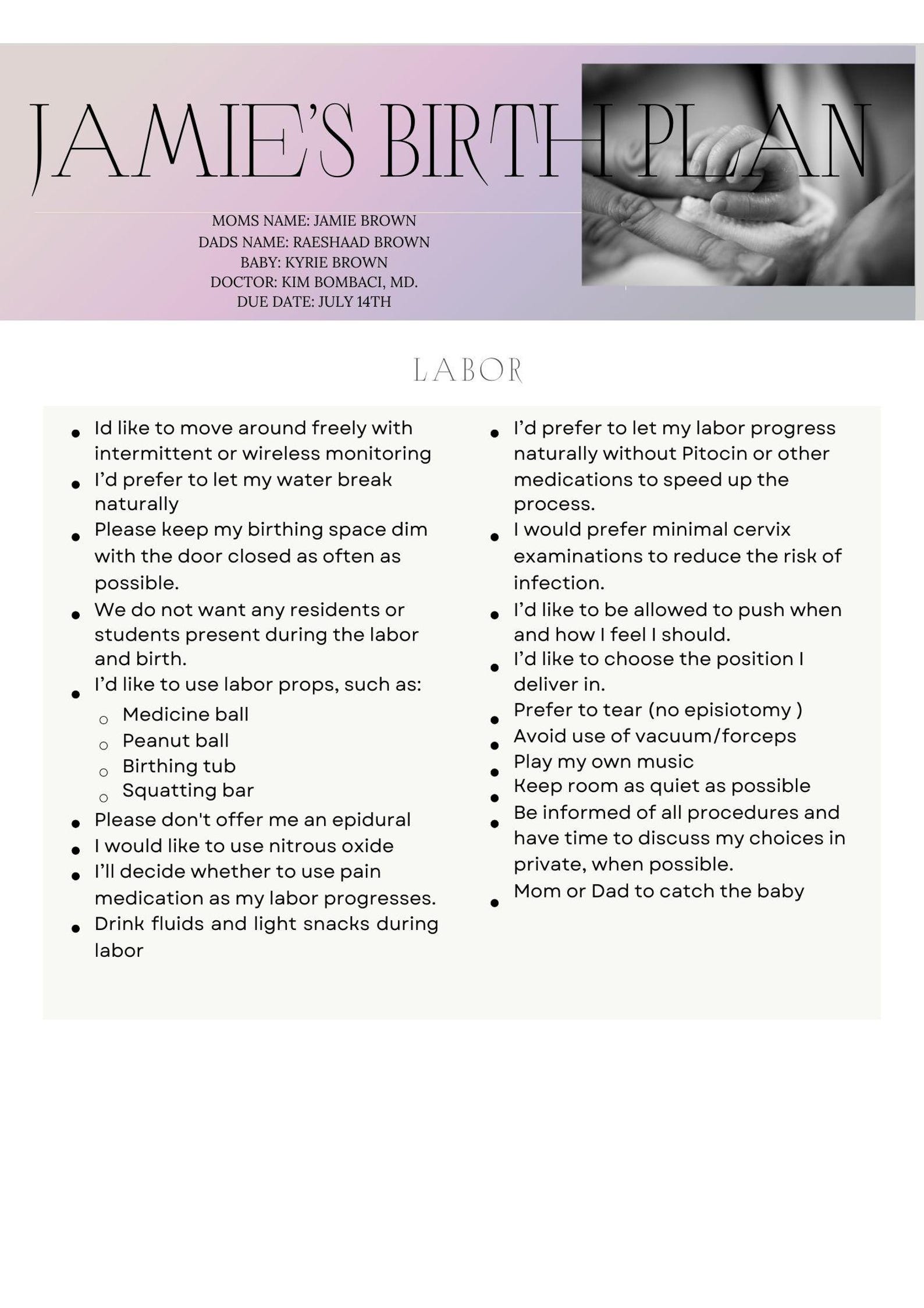 Editable Birth Plan Template | Printable Labor & Delivery Preferences ...
