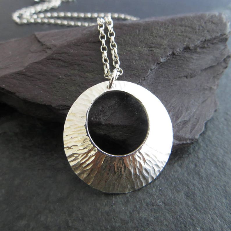 Sterling Silver Circle Pendant, Textured Disc Necklace, Geometric ...