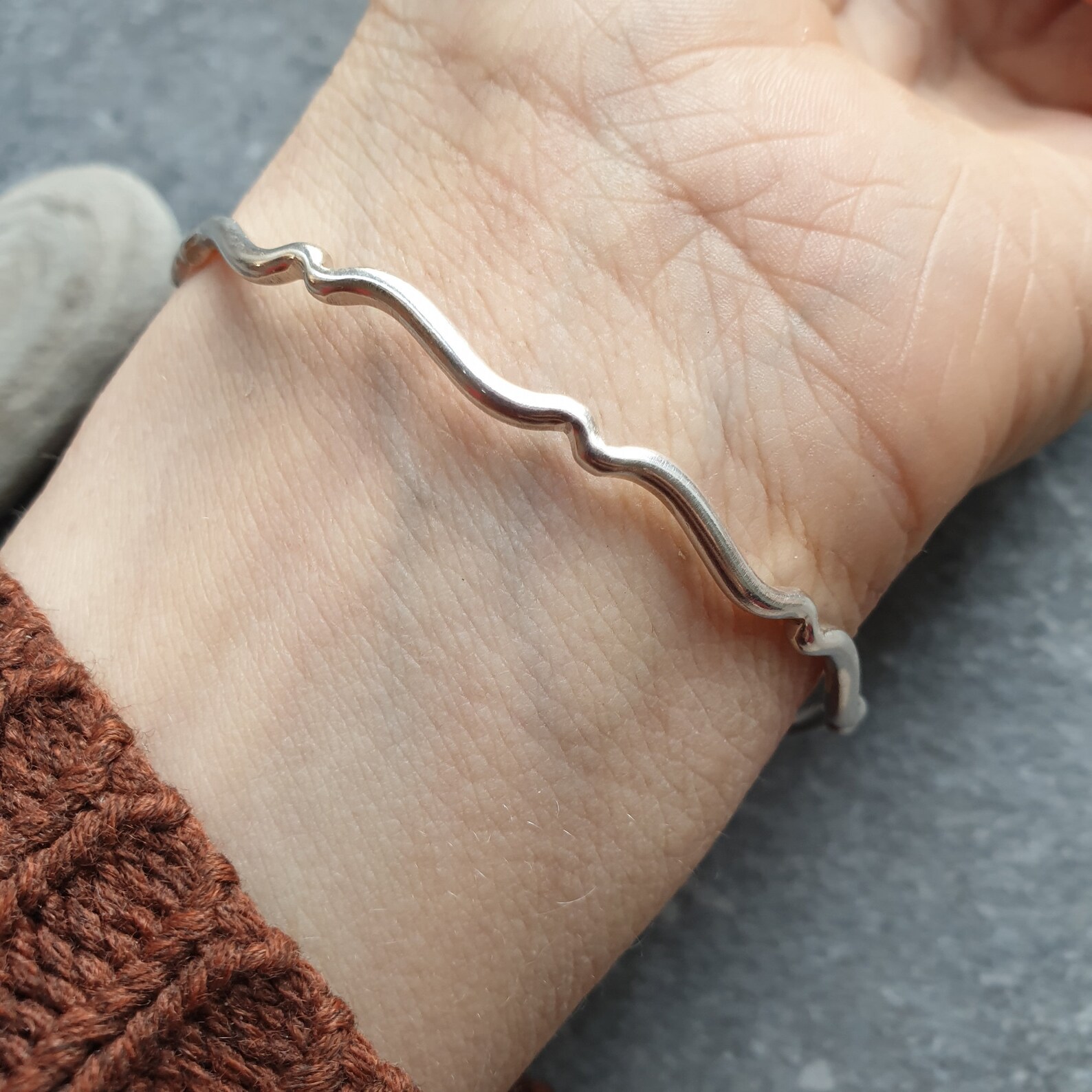 Silver Wave Bangle Solid Silver Stacking Bracelet Scalloped - Etsy