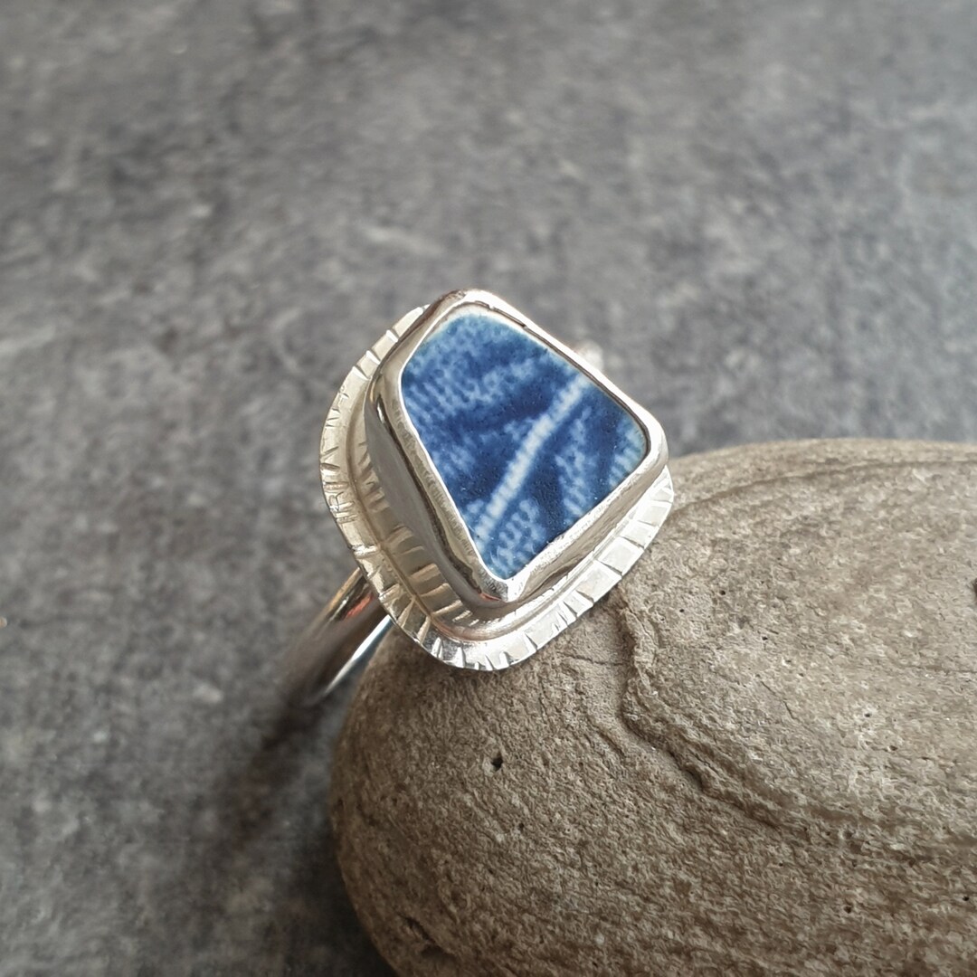 Sea Pottery Ring, Blue and White, Ceramic Ring, Broken China Jewelry ...