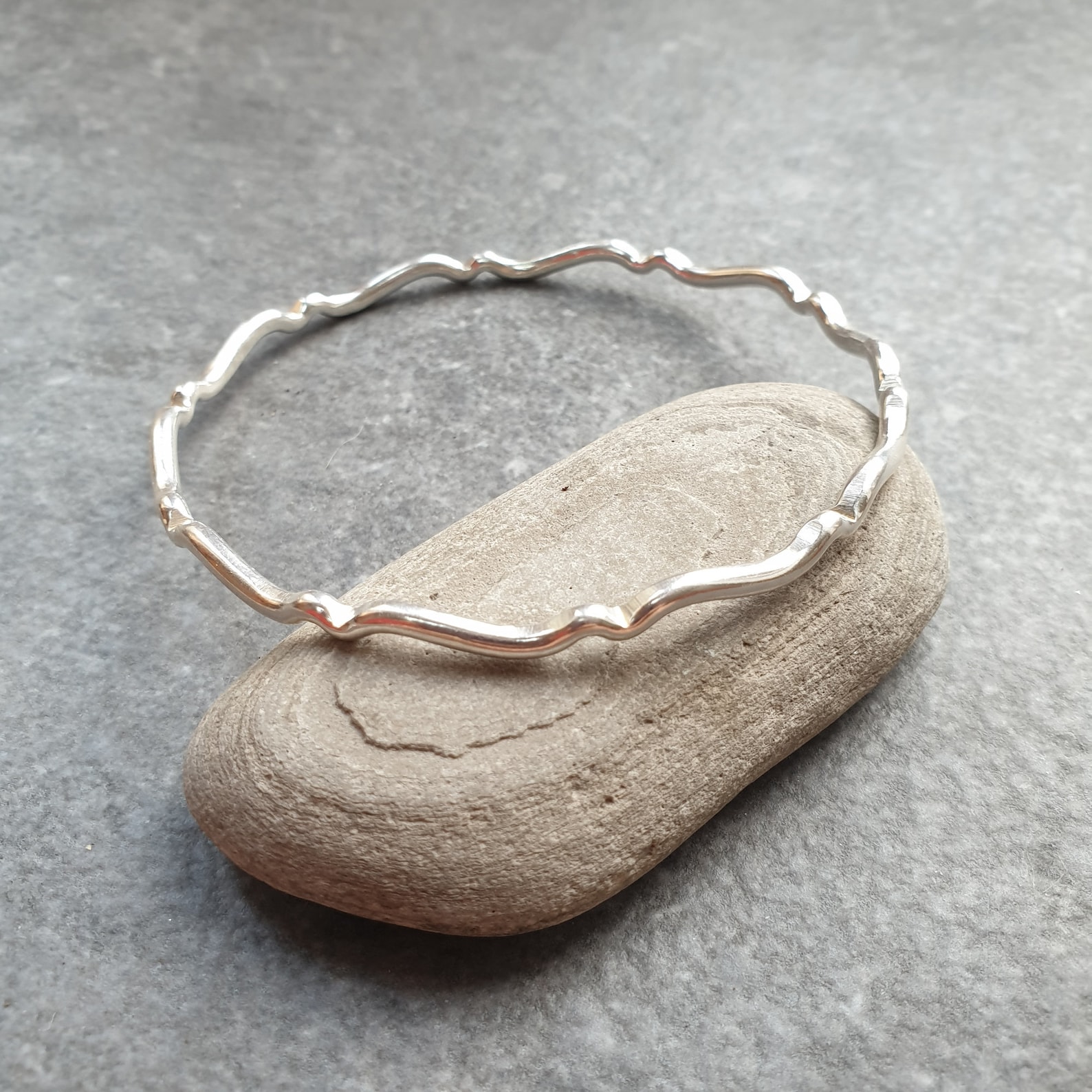 Silver Wave Bangle, Solid Silver Stacking Bracelet, Scalloped Edge ...