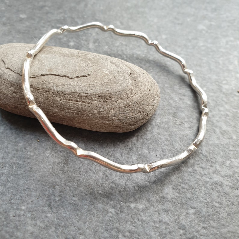 Silver Wave Bangle Solid Silver Stacking Bracelet Scalloped - Etsy