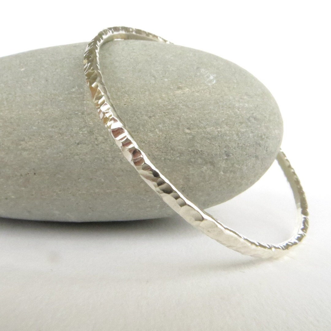 Sterling Silver Bangle With Line Texture, Beaten Round Bangle, Silver ...