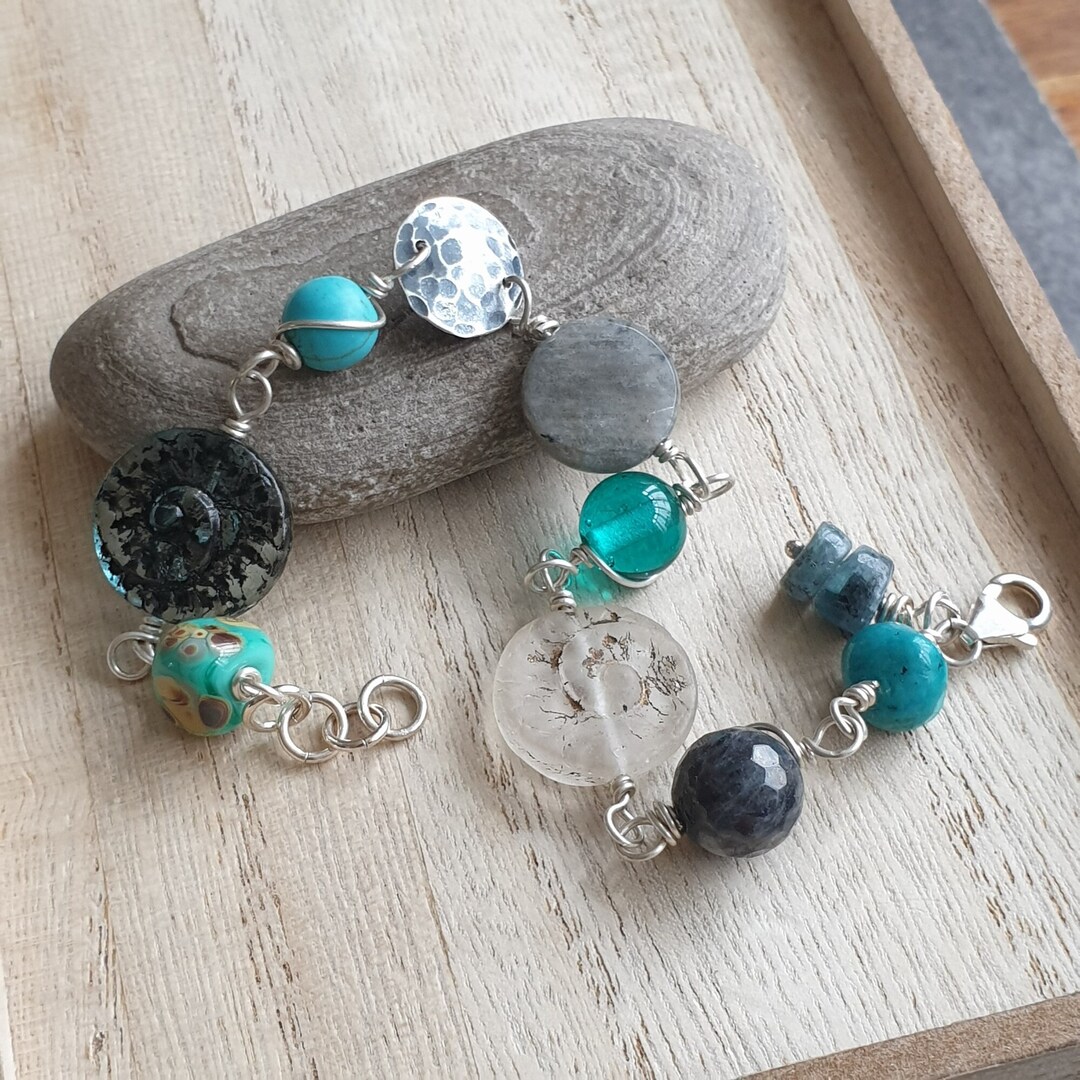Silver and Glass Ammonite Bracelet, Turquoise and Grey Beaded Bracelet ...