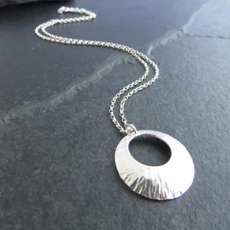 Sterling Silver Circle Pendant, Textured Disc Necklace, Geometric ...