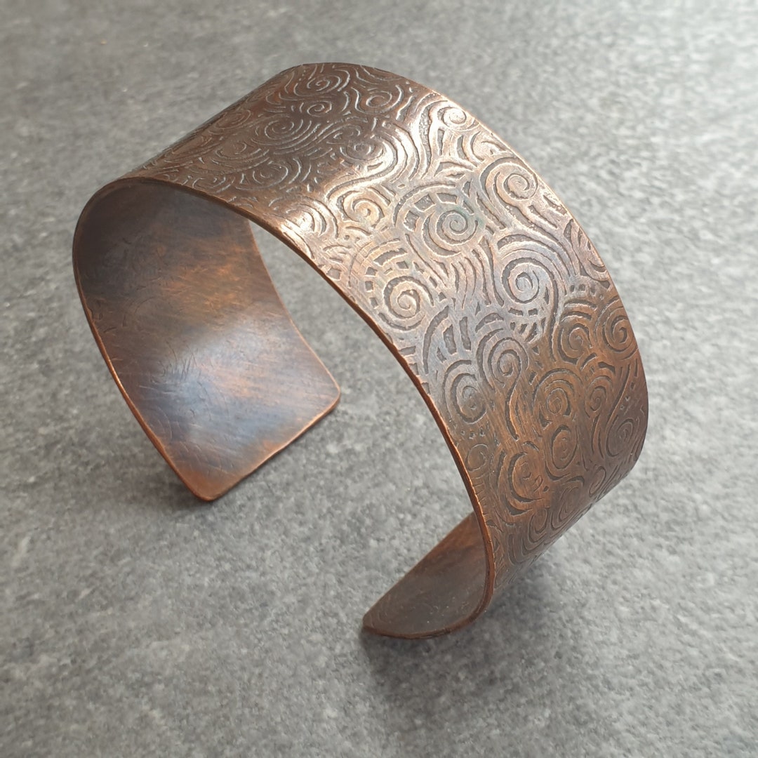 Embossed Copper Cuff Bracelet, Swirl Wave Pattern, 7th Anniversary Gift ...