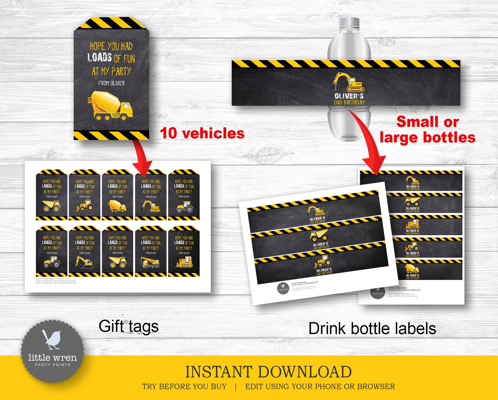 Construction Party Water Bottle Labels, INSTANT DOWNLOAD, Drink ...