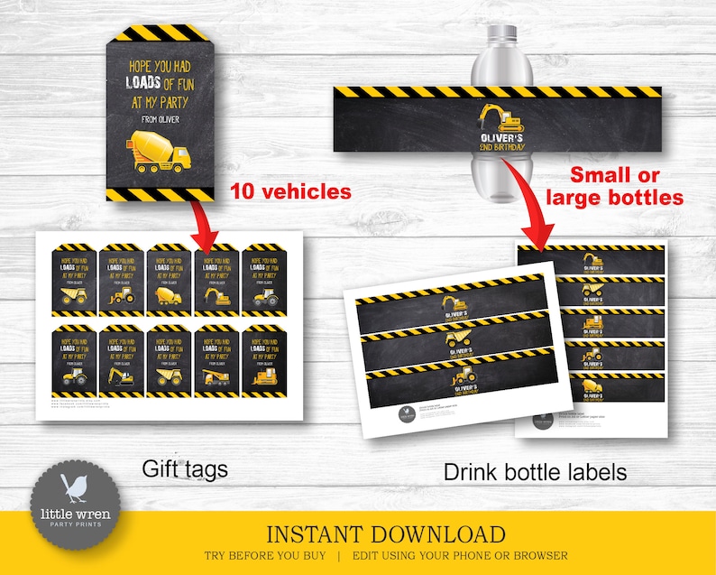 Construction Party Water Bottle Labels INSTANT DOWNLOAD - Etsy
