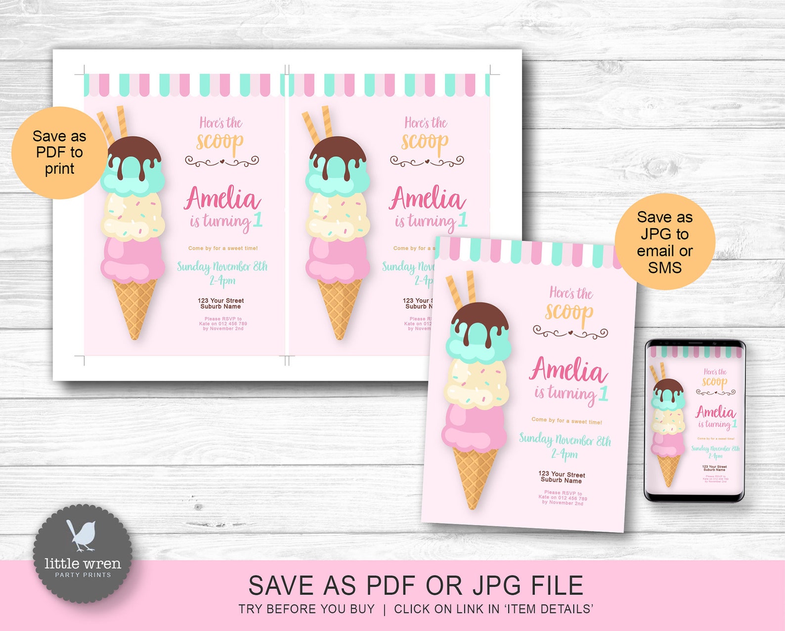 Ice cream Party Invitation INSTANT DOWNLOAD Two sweet | Etsy