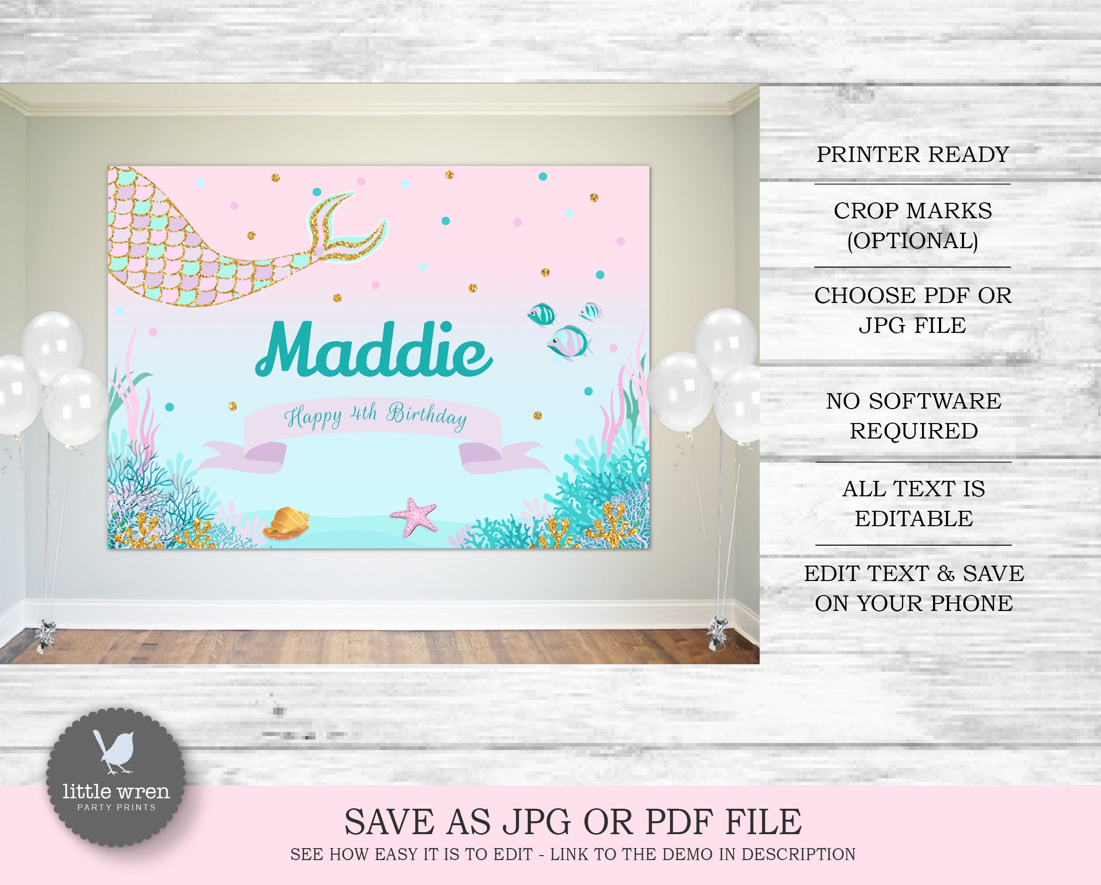 Mermaid Party Backdrop INSTANT DOWNLOAD Banner Mermaid | Etsy