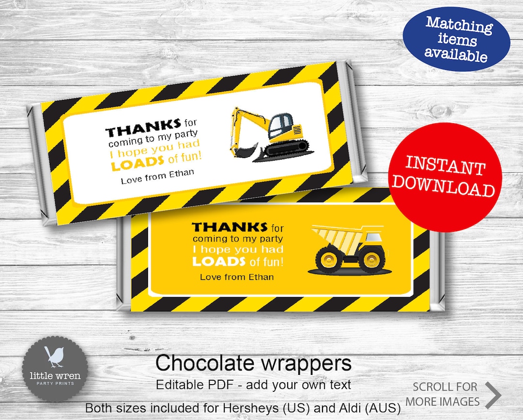 Construction Party Chocolate Wrapper, INSTANT DOWNLOAD, Construction ...