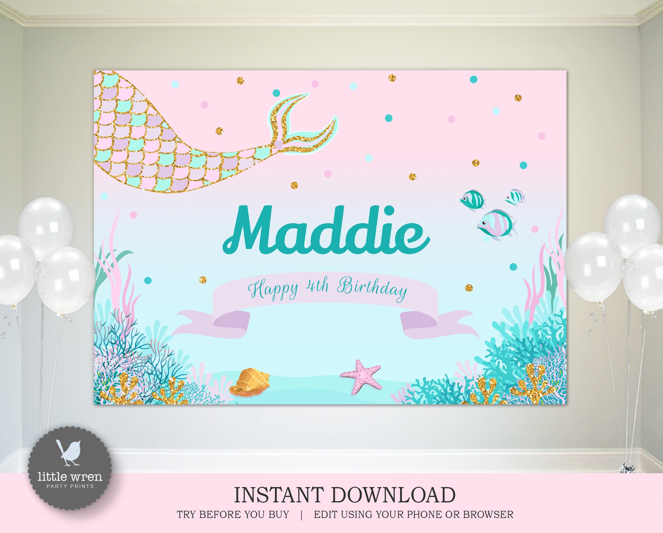 Mermaid Party Backdrop INSTANT DOWNLOAD Banner Mermaid | Etsy