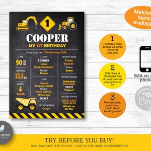 Construction Party Milestone Board, INSTANT DOWNLOAD, Chalkboard Poster ...