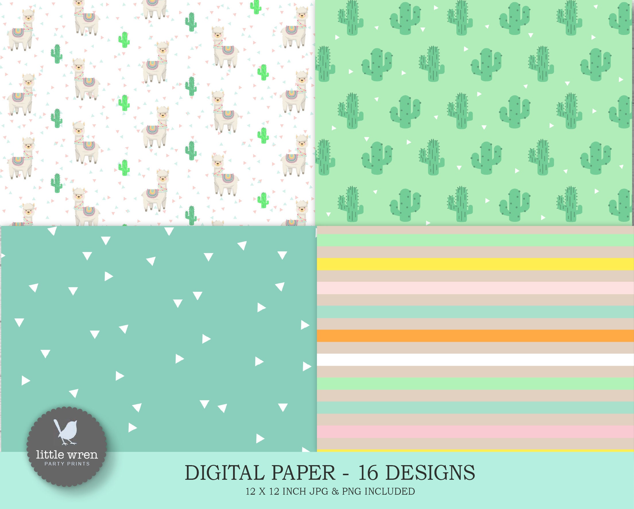 Llama Digital Paper INSTANT DOWNLOAD Cactus Fiesta Alpaca - Etsy
