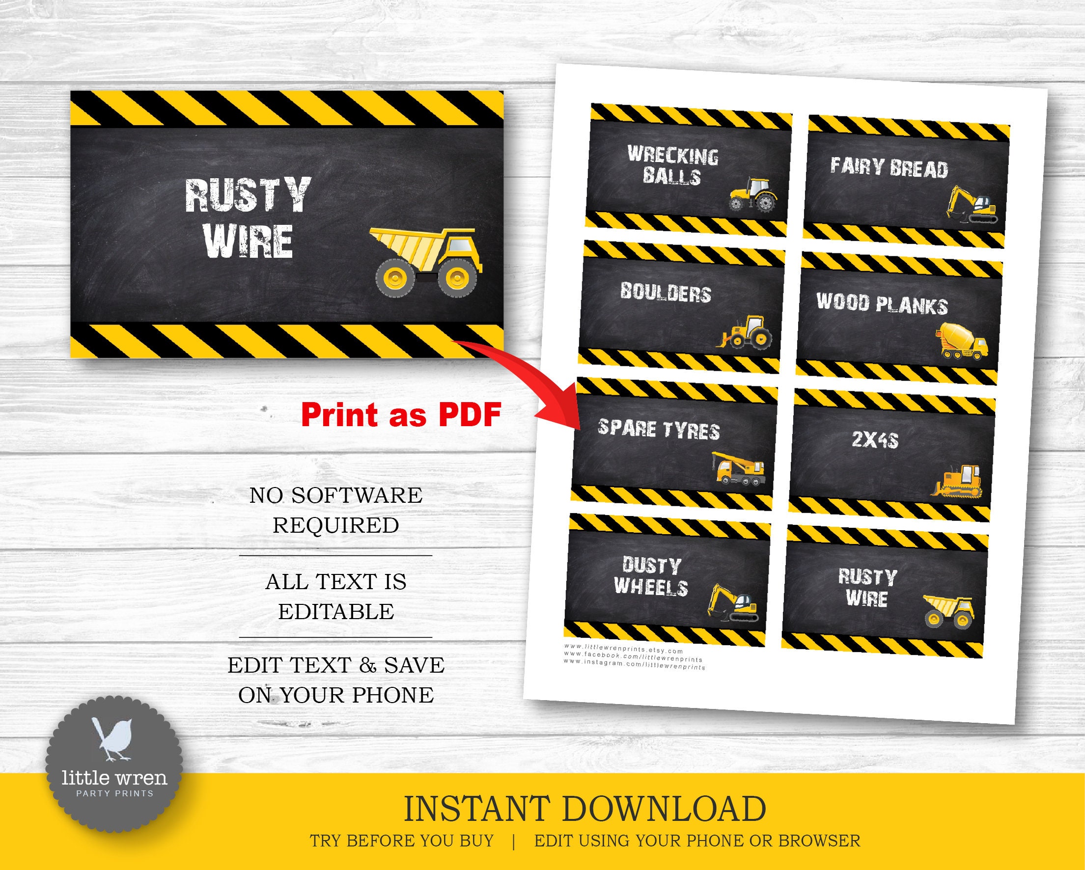 Construction Party Food Labels, INSTANT DOWNLOAD, Food Tags, Printable ...