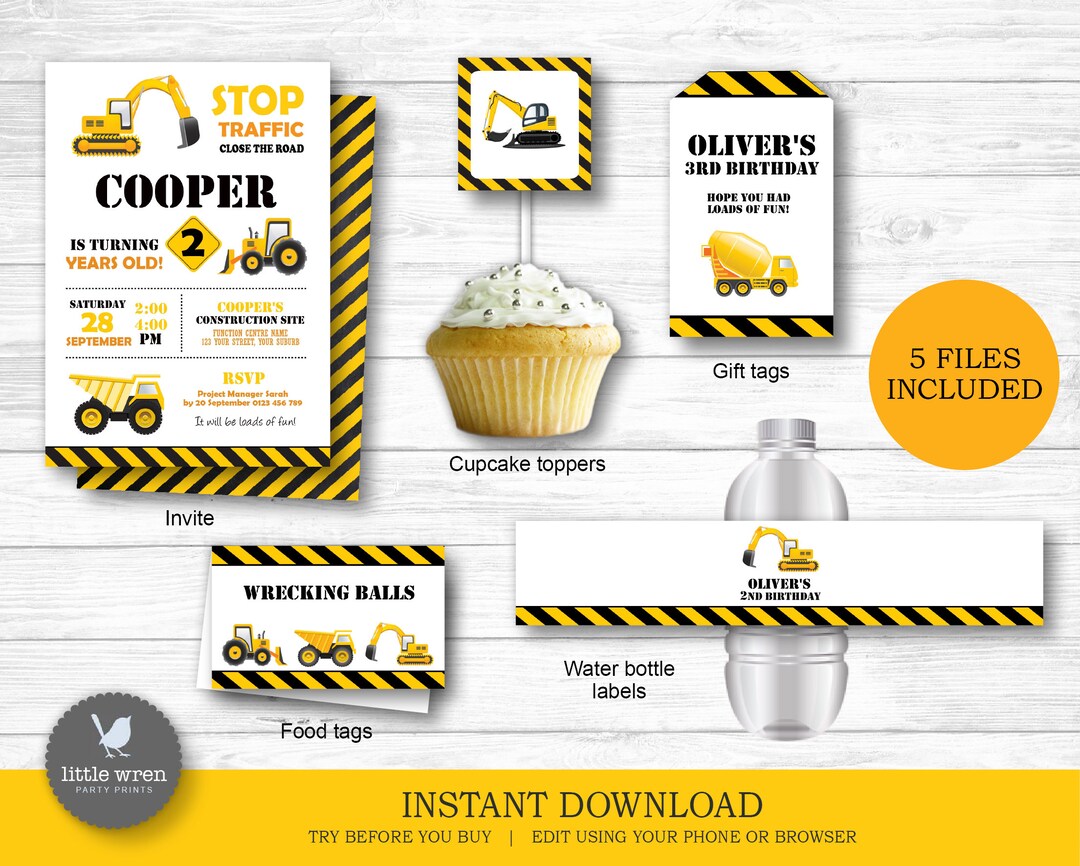 Construction Party Decorations, INSTANT DOWNLOAD, Birthday Party, 5 ...