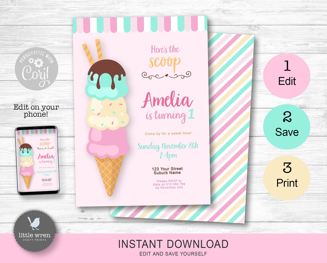 Ice Cream Party Invitation, INSTANT DOWNLOAD, Two Sweet Invitation, Ice ...